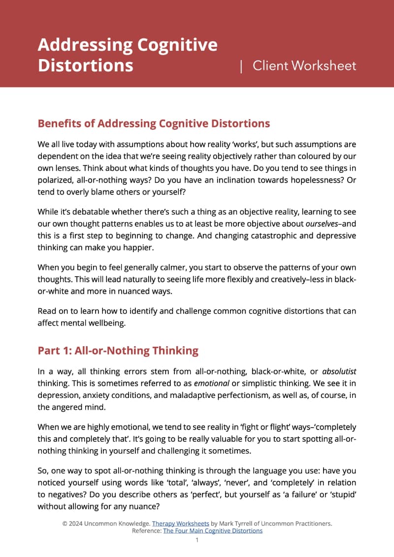 Free Cognitive Distortions Worksheet from Uncommon Knowledge