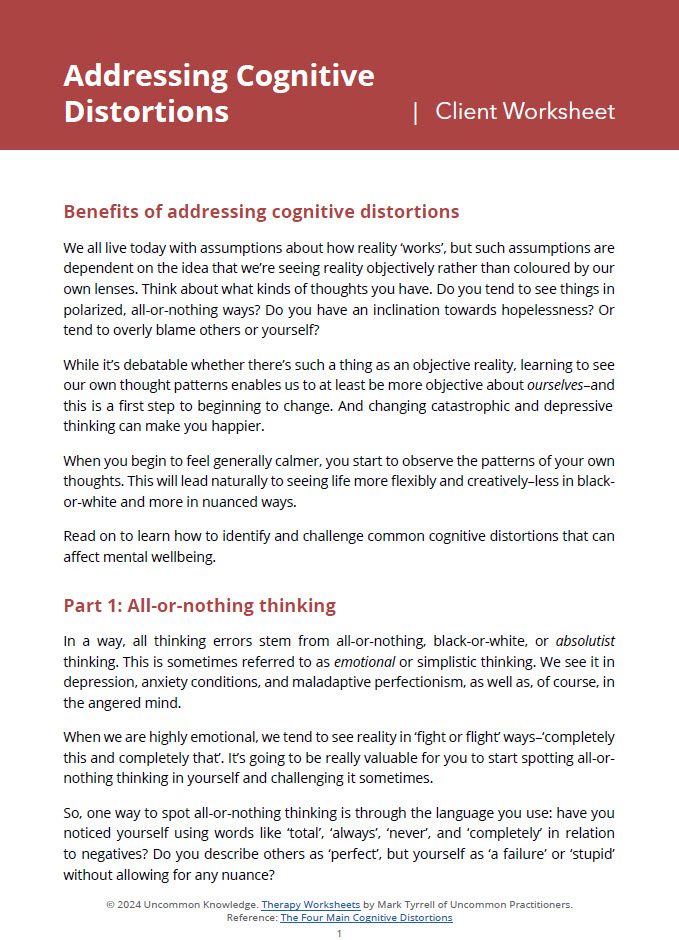 Free Cognitive Distortions Worksheet from Uncommon Knowledge
