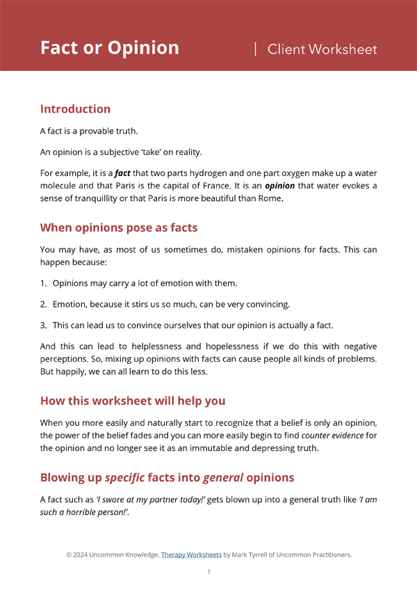 Free Fact or Opinion Worksheet from Uncommon Knowledge