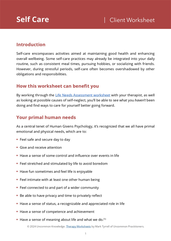 Free Self Care Worksheet from Uncommon Knowledge