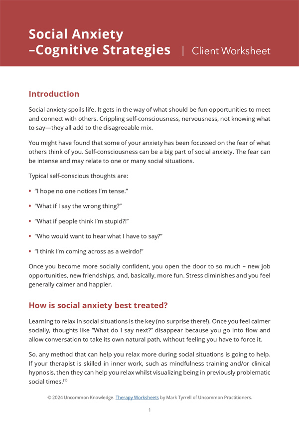 Free Social Anxiety (Cognitive Strategies) Worksheet from Uncommon Knowledge