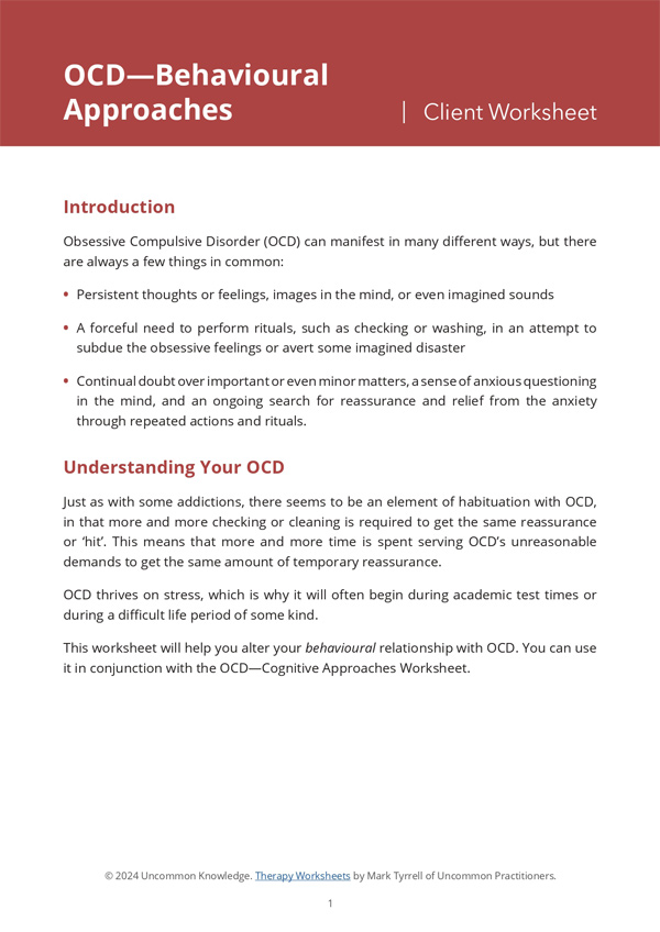 Free OCD - Behavioral Approaches Worksheet from Uncommon Knowledge